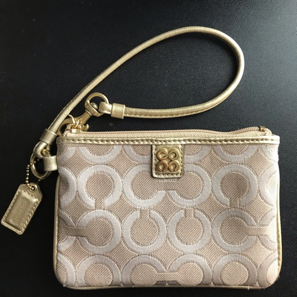 Coach | Bags | Coach Mini Wristlet C Logo Monogram Metallic Gold | Poshmark